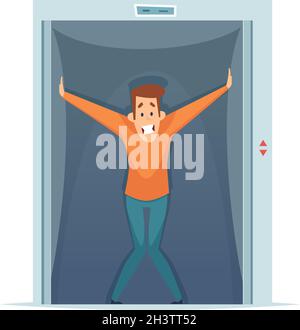 Claustrophobia. Frightened man in elevator, fear of confined space ...