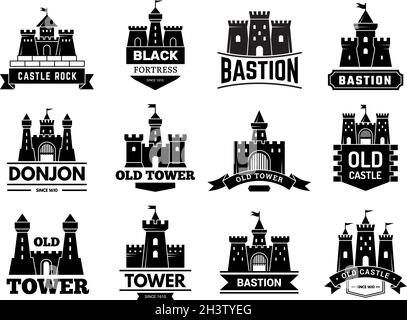 Ancient castles logo. Medieval fortress with towers vector badges or ...