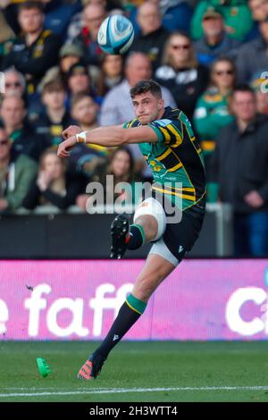 Northampton Saints' James Grayson kicks at goal during the Gallagher ...