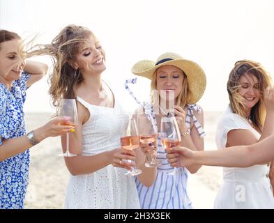 Cheerful women proposing toast on beach Stock Photo - Alamy