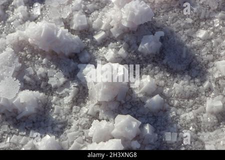 The salt crystals are formed on salt lake in Yuncheng City, north China ...