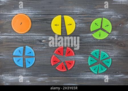 Multicolored fractions, blocks, notebook on white wooden table. Back to ...