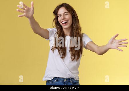 Girl cheering up sad friend wanna comfort girlfriend winking upbeat ...