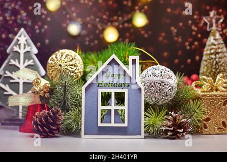 Christmas decoration. Christmas time. Rustic wooden background. Copy ...