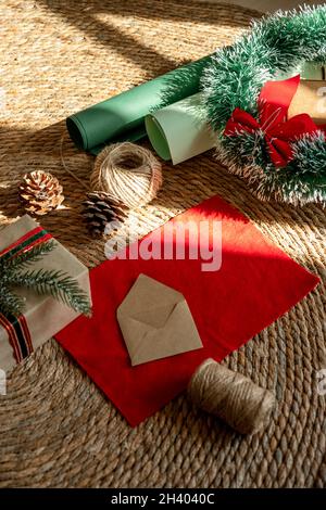 Gift wrapping process, preparation for Xmas Stock Photo - Alamy