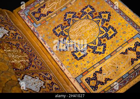 ISTANBUL, TURKEY - AUGUST 8, 2021: Close up of open Quran on display in ...