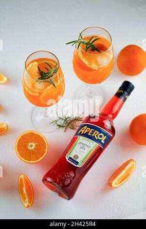 Italian tincture Aperol for making cocktail Aperol Spitz. Red-orange ...