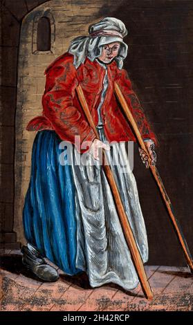 An old woman dressed in rags carrying a bowl in her left hand and a ...