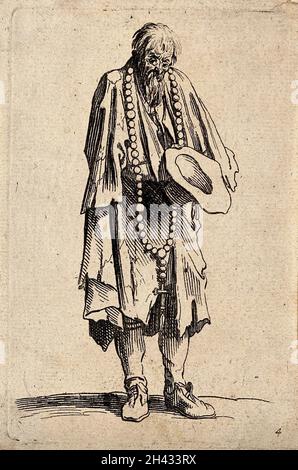 A bearded one-armed beggar in ragged clothes wearing a large rosary ...