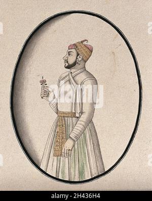 A Mughal courtier holding a flower. Watercolour drawing by an Indian ...
