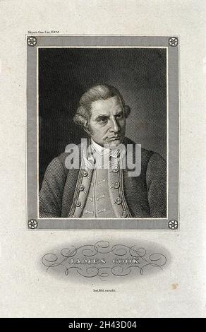 Engraving of Captain James Cook's portrait, showing his head and ...