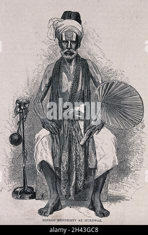 A Hindu ascetic or holy man, seated under a tree, receiving food from a ...