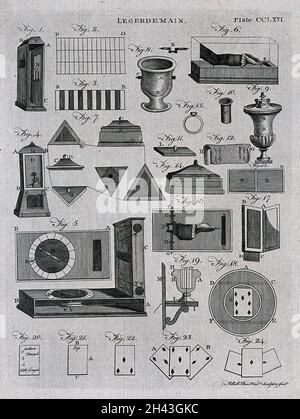 Conjurers tricks and equipment. Engraving by Andrew Bell Stock Photo ...