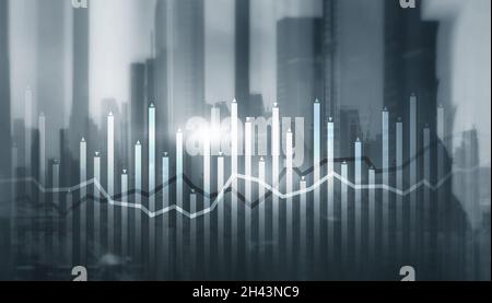 Histogram and lines economic chart on modern architecture background ...