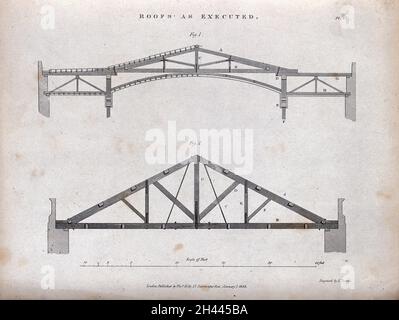Architecture: various roof trusses. Engraving by E. Turrell, 1847 Stock ...