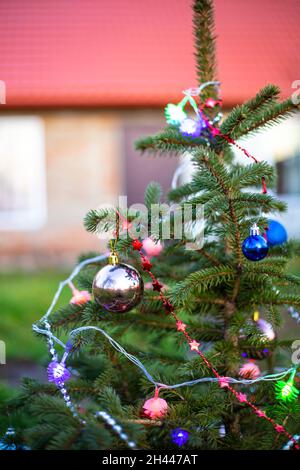 Christmas tree decorated with toys near the panoramic window in a ...