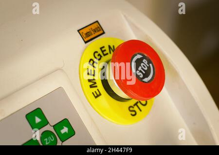 Emercency stop button. Big red button, power switch on industrial ...
