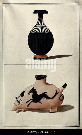 Above, a black Greek vase (perfume bottle?); below, vessel in the form ...