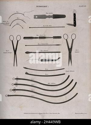 Surgical instruments including scalpels. Engraving by E. Mitchell Stock ...