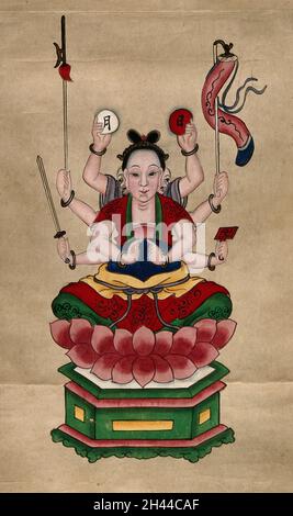 A Chinese deity seated on a lotus throne. Gouache painting by a Chinese ...