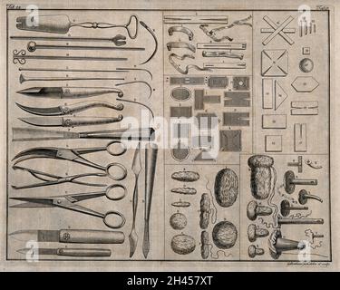 Surgical instruments including scalpels. Engraving by E. Mitchell Stock ...