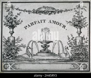 A French liqueur label illustrated with a beautiful maiden seated on an ...