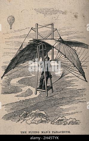 Wood engraving of a man flying in a frame with wings attached, c. 1874 ...