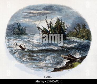 Geography: rapids in North America. Coloured wood engraving by C ...