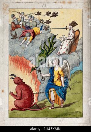 An enthroned king, wearing three crowns and with a sword in his mouth ...