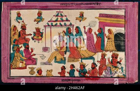 Marriage of Rama to Sita with Brahmins making fire sacrifice. Coloured ...