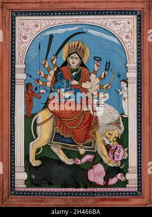 Goddess durga killing demon mahishasura with goddesses laxmi saraswati ...