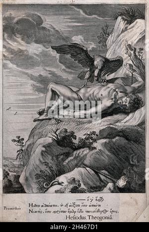 Prometheus bound to a rock, his liver eaten by an eagle. Crayon manner ...