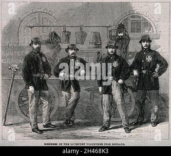 Firefighters in uniform stand by a fire truck with a ladder, looking ...