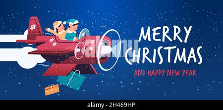 elves with santa claus flying airplane with gifts merry christmas happy ...