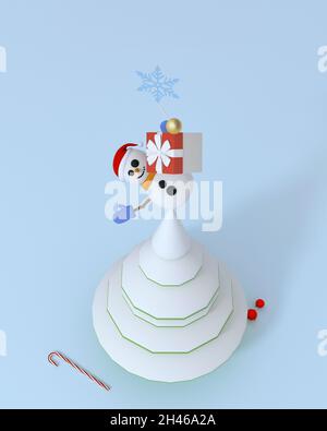 Christmas tree and Snowman balancing candy cane on golden star Stock ...