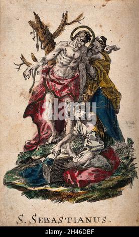 Martyrdom of Saint Sebastian. Coloured etching by J. Gleich Stock Photo ...