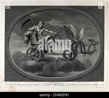Saturn with his scythe, riding in his chariot. Saturn was a god in ...