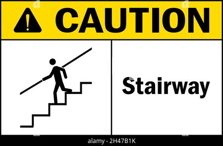 Caution stairway Use Handrails sign. A man goes down the stairs and ...
