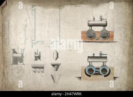 Engineering: a large double-chamber steam engine, with a flywheel ...