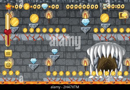 Platformer game template with underground lava theme illustration Stock ...