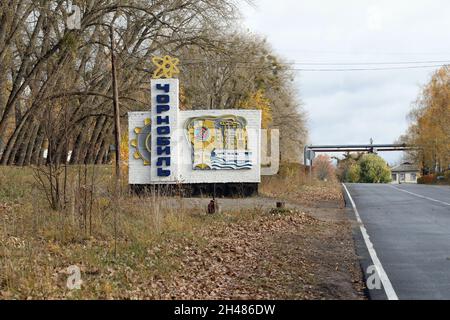 Chernobyl town sign with symbols of the shipyard and an atom Stock ...
