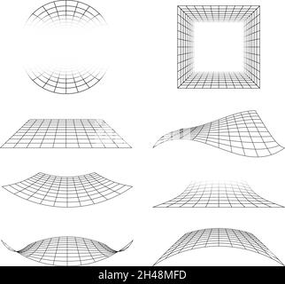 3d Wireframe geometric shapes, surface grid and sphere ball, torus and net, cyber globe. Vector ...