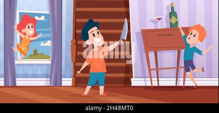 Children dangerous situation. Kids in risk. Boys and girls playing with ...