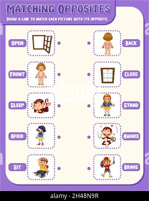 Matching opposite words worksheet template illustration Stock Vector ...