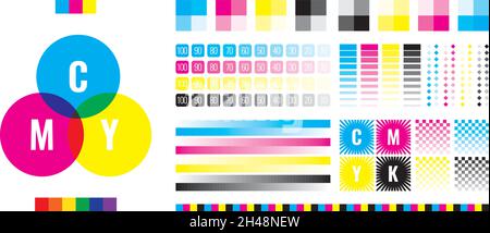 CMYK press print marks and colour tone gradient bars for printer test ...