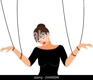 Person holding woman as puppet doll on ropes. Puppeteer control ...
