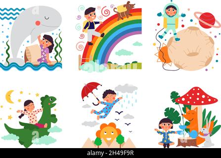 Dreaming children. Creative concept, fairy tale book for kids ...
