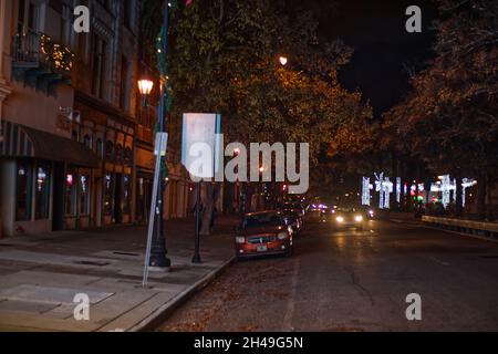 Augusta, Ga USA - 12 17 20: Downtown road late at night with traffic ...