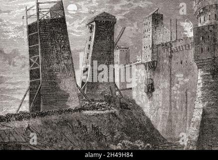 Siege tower or breaching tower. Siege engine. Engraving. Historia ...