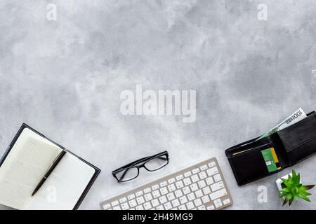 Male outfit and accessories layout. Business man office table top view ...